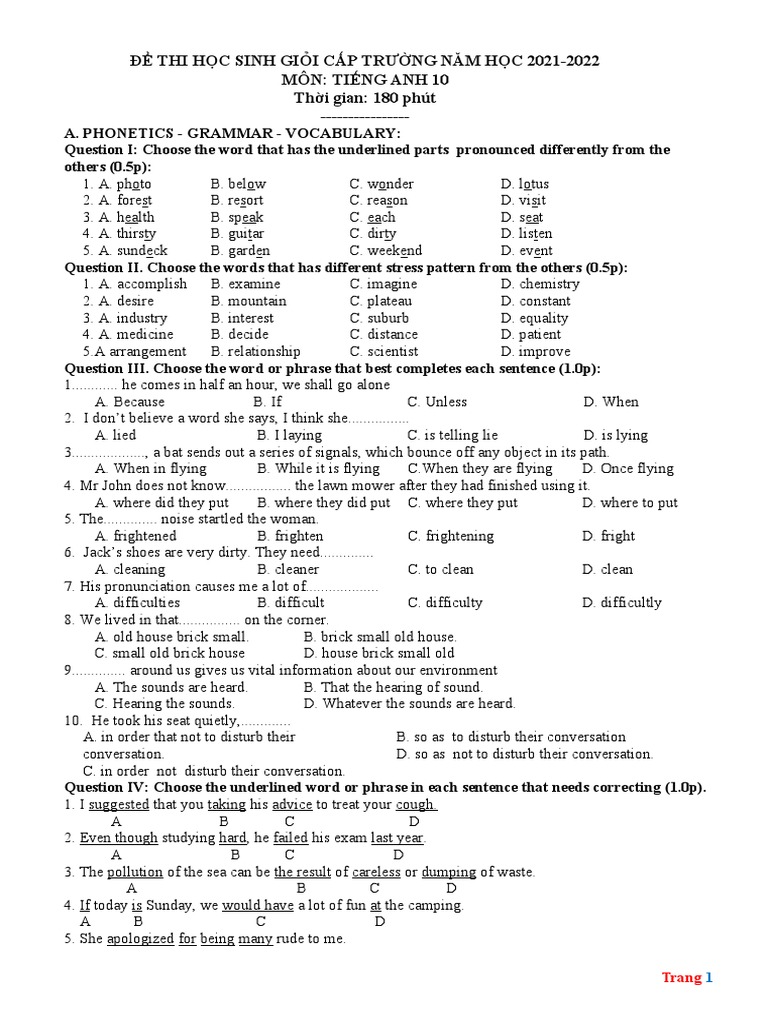De Thi Chon HSG Tieng Anh 10 Cap Truong 2021 2022 Co Dap An | PDF | Fires | Candle