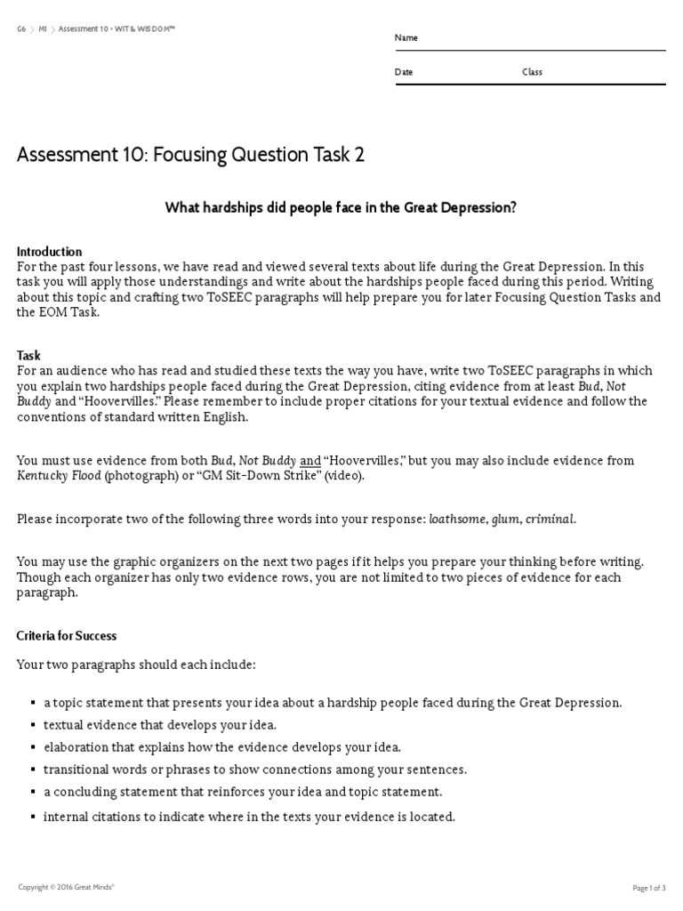 Grade 6 Module 1 Assessment 10 - Focusing Question Task 2 | PDF | Human ...