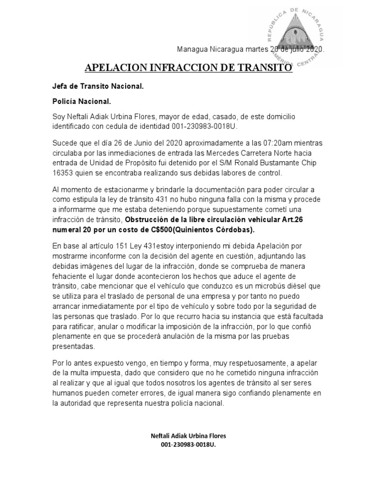 Carta Apelacion de Multa NEFTALI de Transito Lic Guardado | PDF