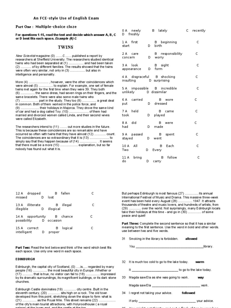 Exam - FCE Mock Test - Use of English | Edinburgh