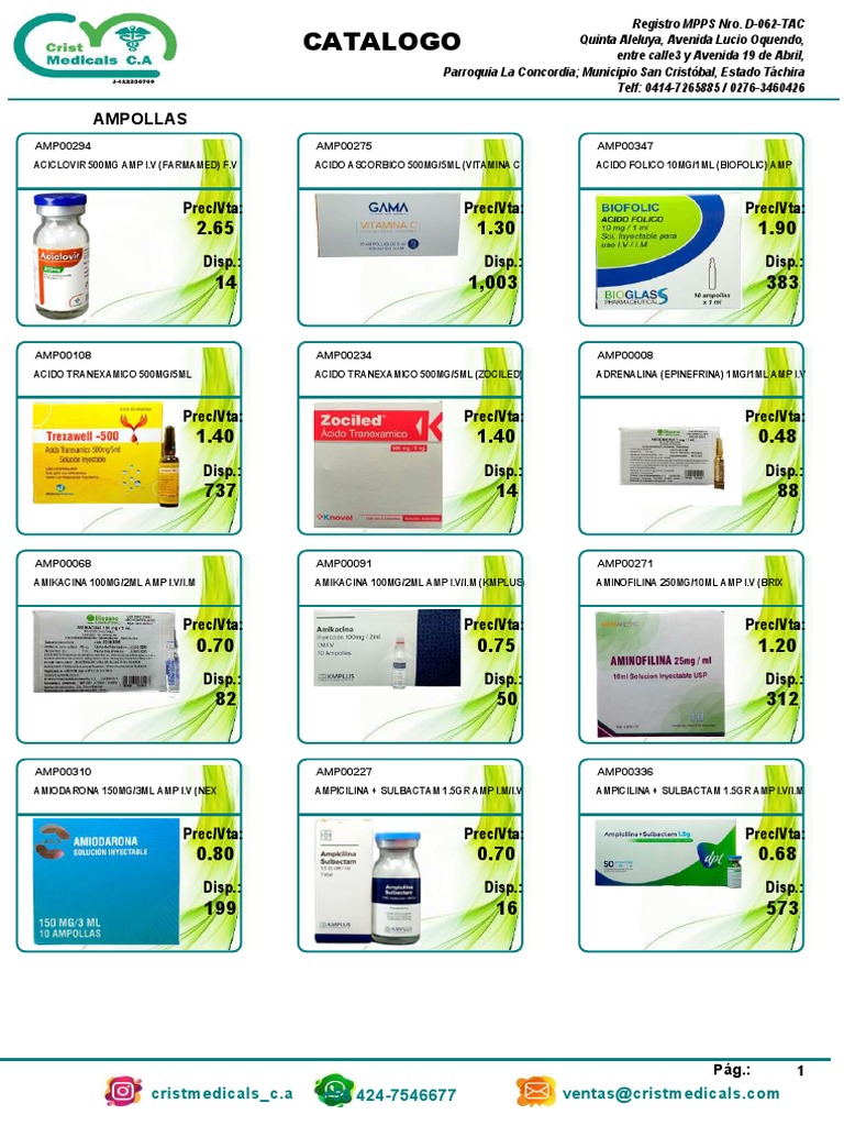 Catálogo de medicamentos del Centro Médico Cristmedicals | PDF | Compuestos orgánicos | Farmacología