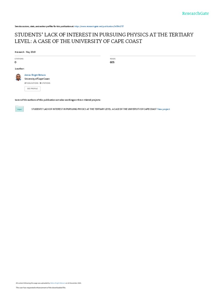 Students' Lack of Interest in Pursuing Physics at The Tertiary Level: A ...