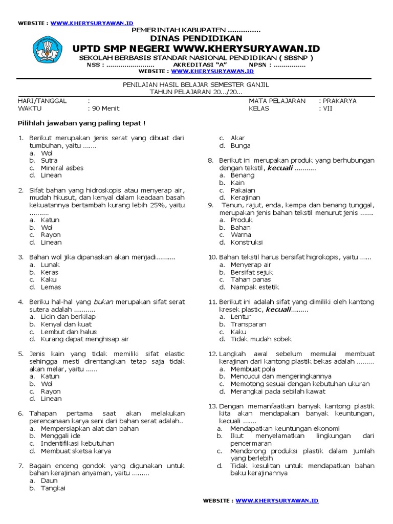 SOAL PAS PRAKARYA KLS 7 VERSI 1 - WWW - KHERYSURYAWAN.Id | PDF | Griya & Taman