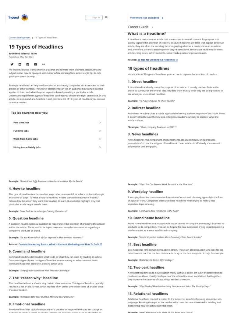 19 Types of Headlines Explained | PDF | Mass Media | Publishing