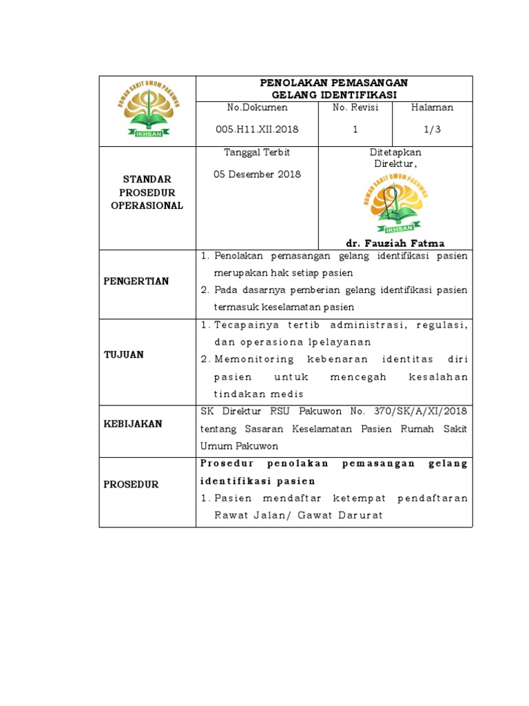 Sop Penolakan Pemasangan Gelang Identifikasi Pasien | PDF