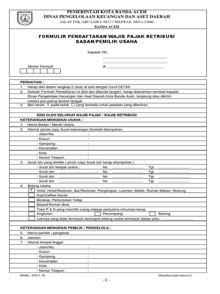 Form Dispenda Aceh - Pemilik-Usaha - 2 | PDF | Pengelolaan Keuangan & Uang