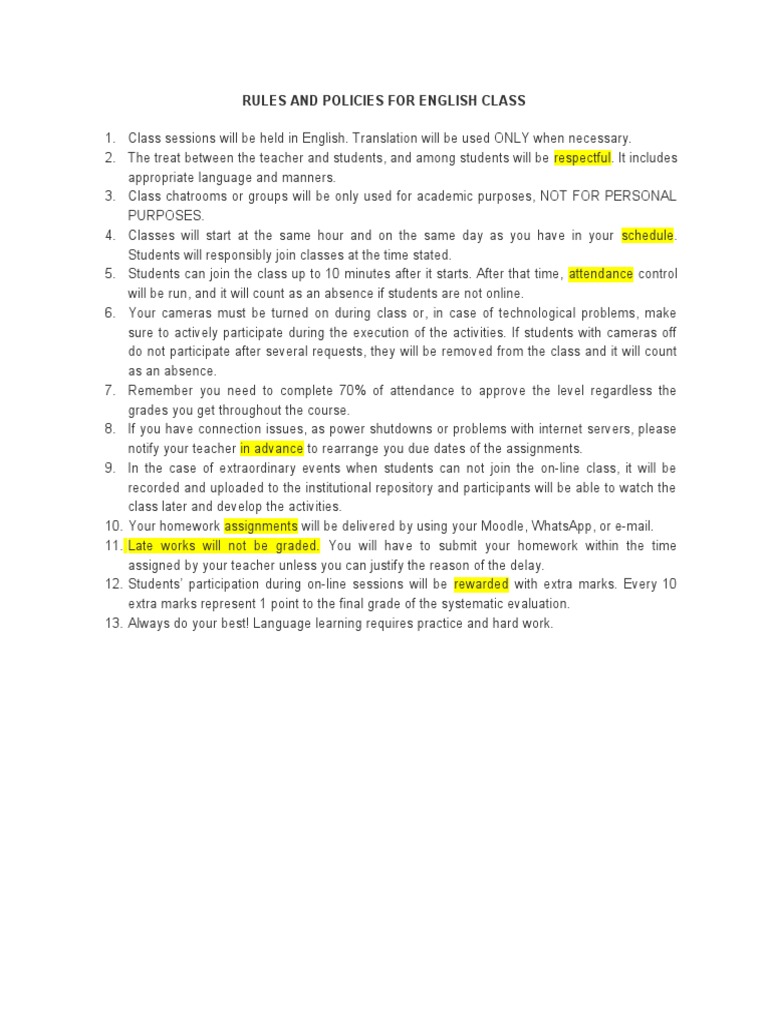 Rules and Policies For English Class | PDF