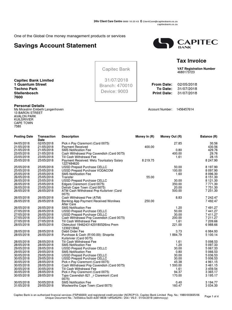 Account Statement Capitec | PDF | Stored Value Card | Automated Teller Machine
