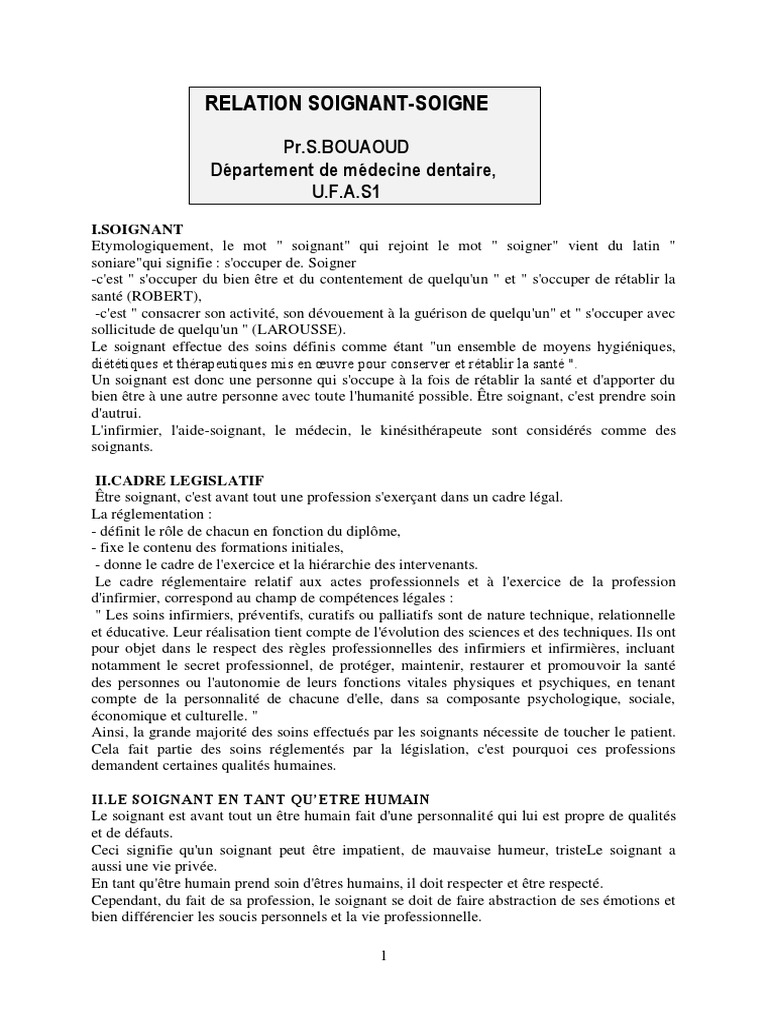 Relation soignant-soigné : définitions clés | PDF | Professionnel de la ...