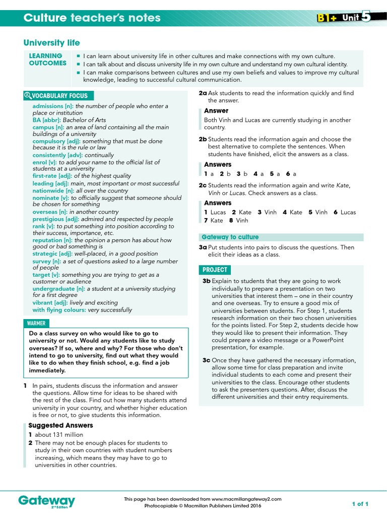 B1+ UNIT 5 Culture Teacher's Notes | PDF | Learning | Cognition