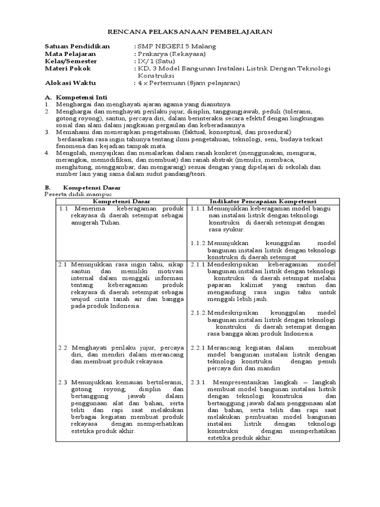RPP Kelas 9 Rekayasa Konstruksi Dan Instalasi Listrik | PDF