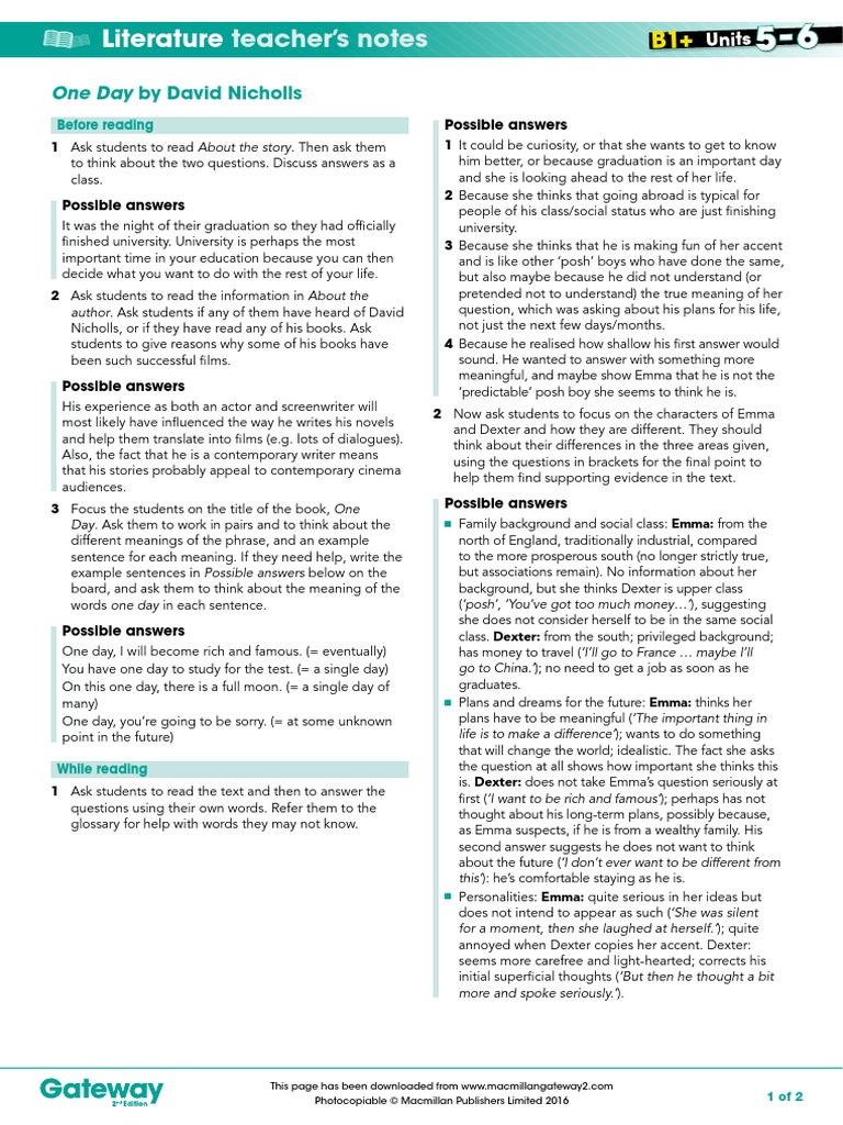 B1+ UNITS 5 and 6 Literature Teacher's Notes | PDF | Question | Emma ...