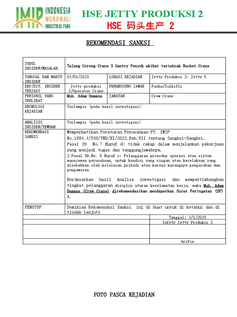 Rekomendasi Sanksi - Penutup Palka Penyok Di Jetty 6 | PDF