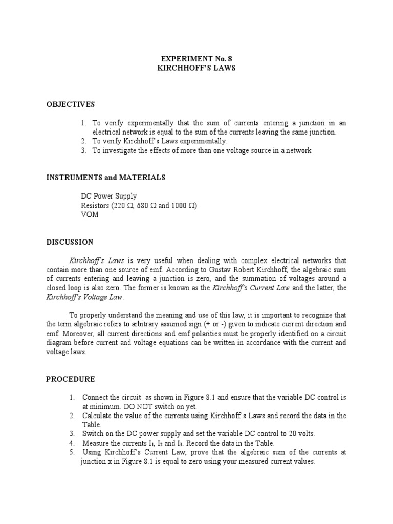 Experiment No. 8 Kirchhoffs Law | PDF | Voltage | Electrical Network