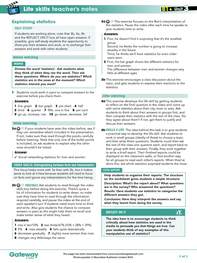 B1+ UNIT 3 Life Skills Video Teacher's Notes | PDF | Statistics ...