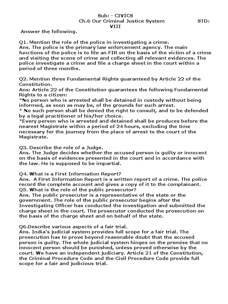 STD Viii Civics Notes Ch. 6 | PDF | Arrest | Prosecutor