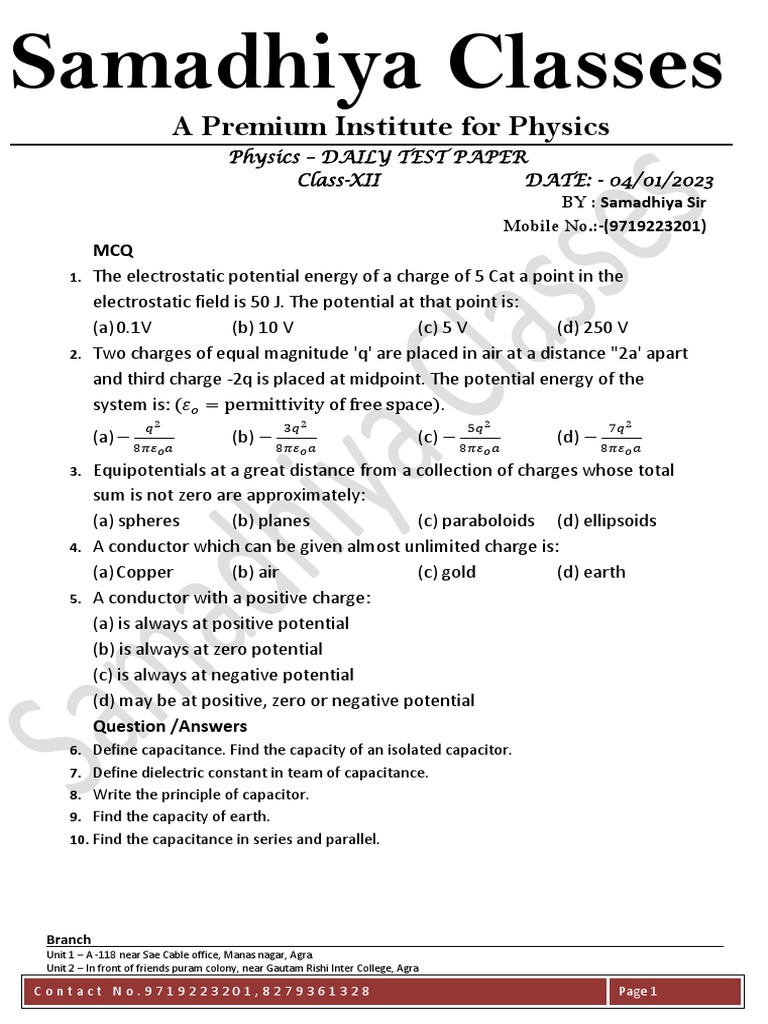 Physics Daily Test Paper for Class XII | PDF