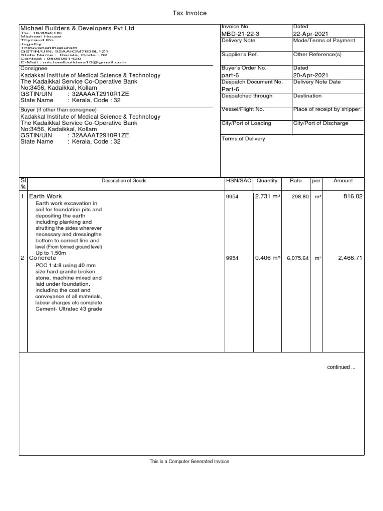 Kadaikkal Invoice | PDF | Concrete | Invoice