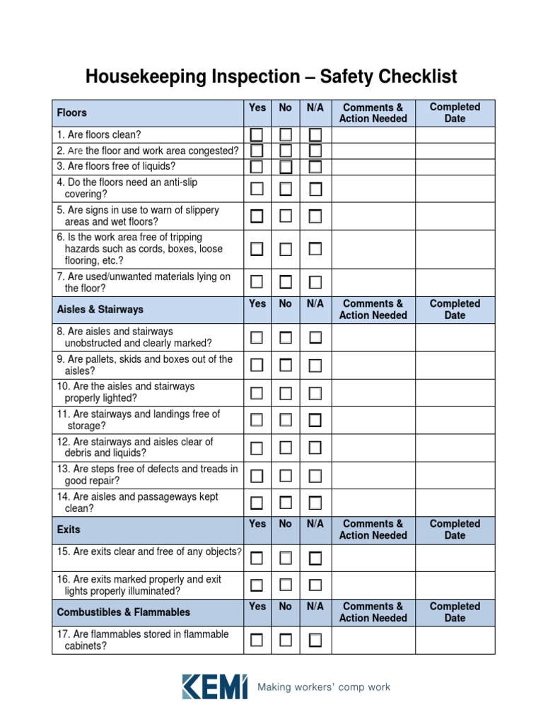 Housekeeping Inspection Safety Checklist | PDF | Waste | Housekeeping