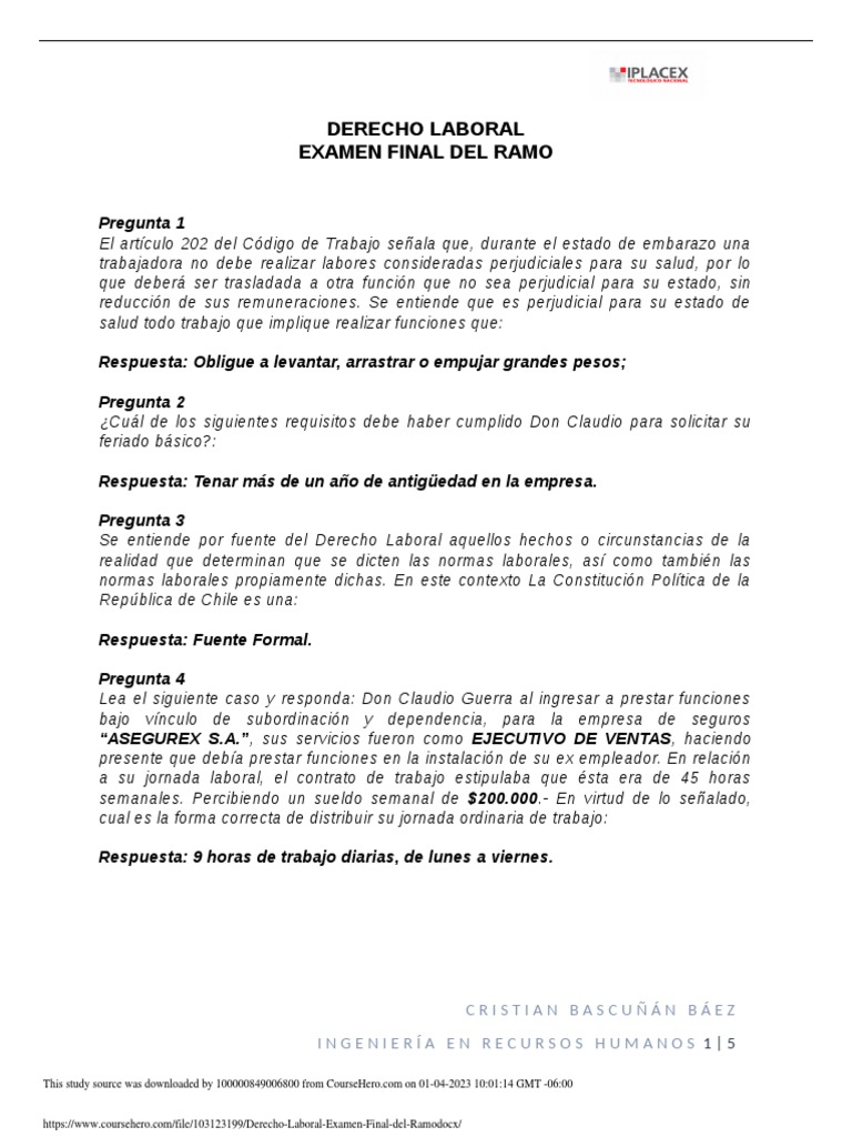 Derecho Laboral Examen Final Del Ramo | PDF | Derecho laboral | Justicia