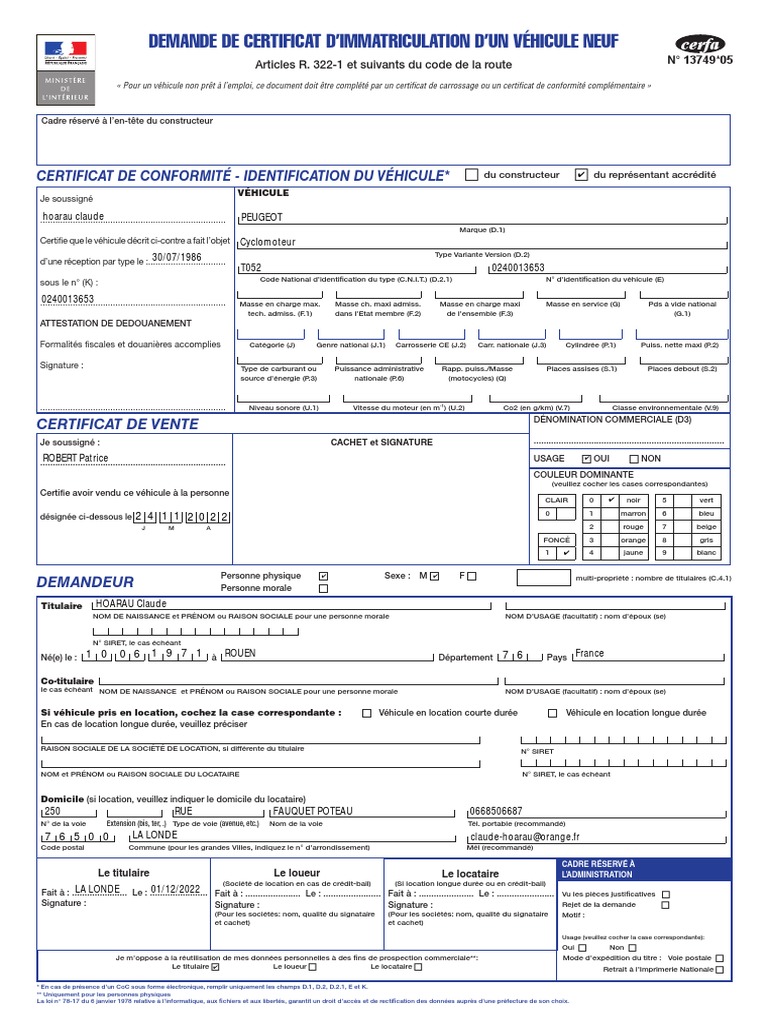 Cerfa 13749-05 | PDF | Location | Véhicule motorisé