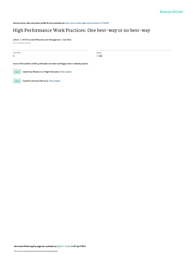 High Performance Work Practices: One Best Way or No Best Way | PDF ...