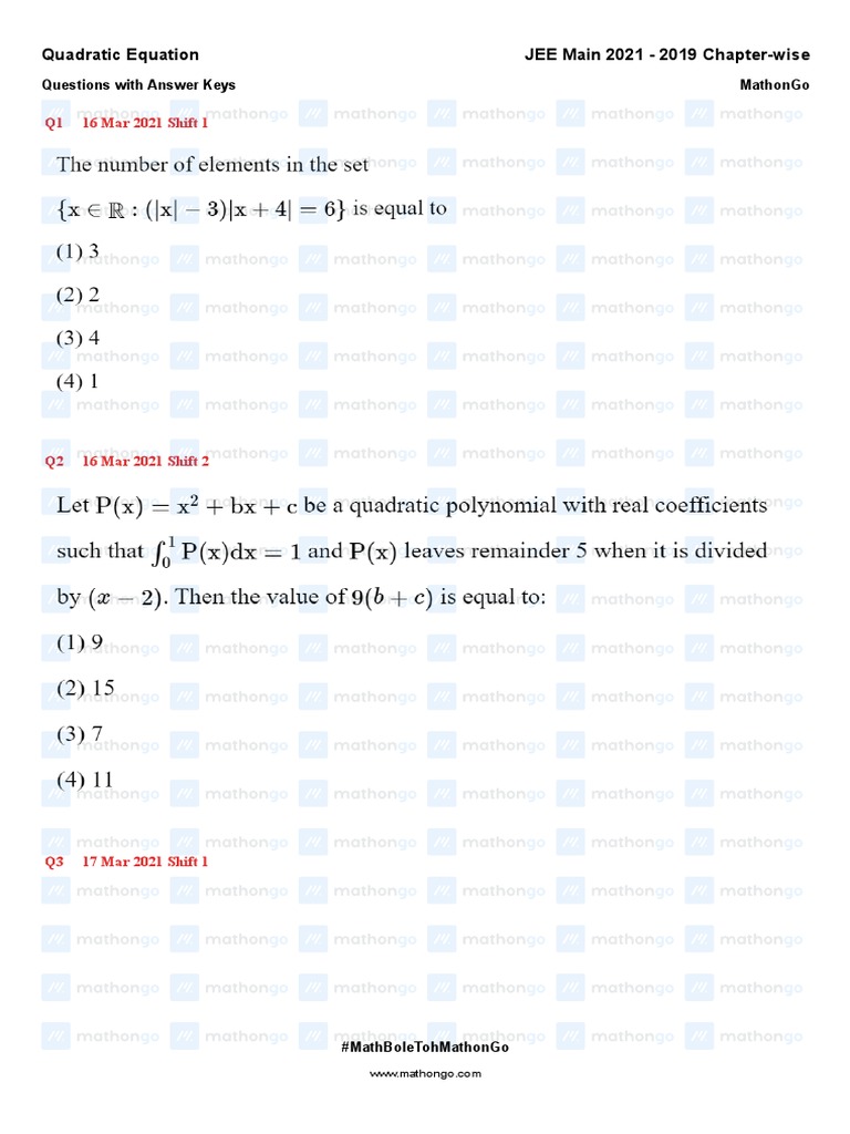 Quadratic Equation - JEE Main 2021 - 2019 Chapter-Wise | PDF