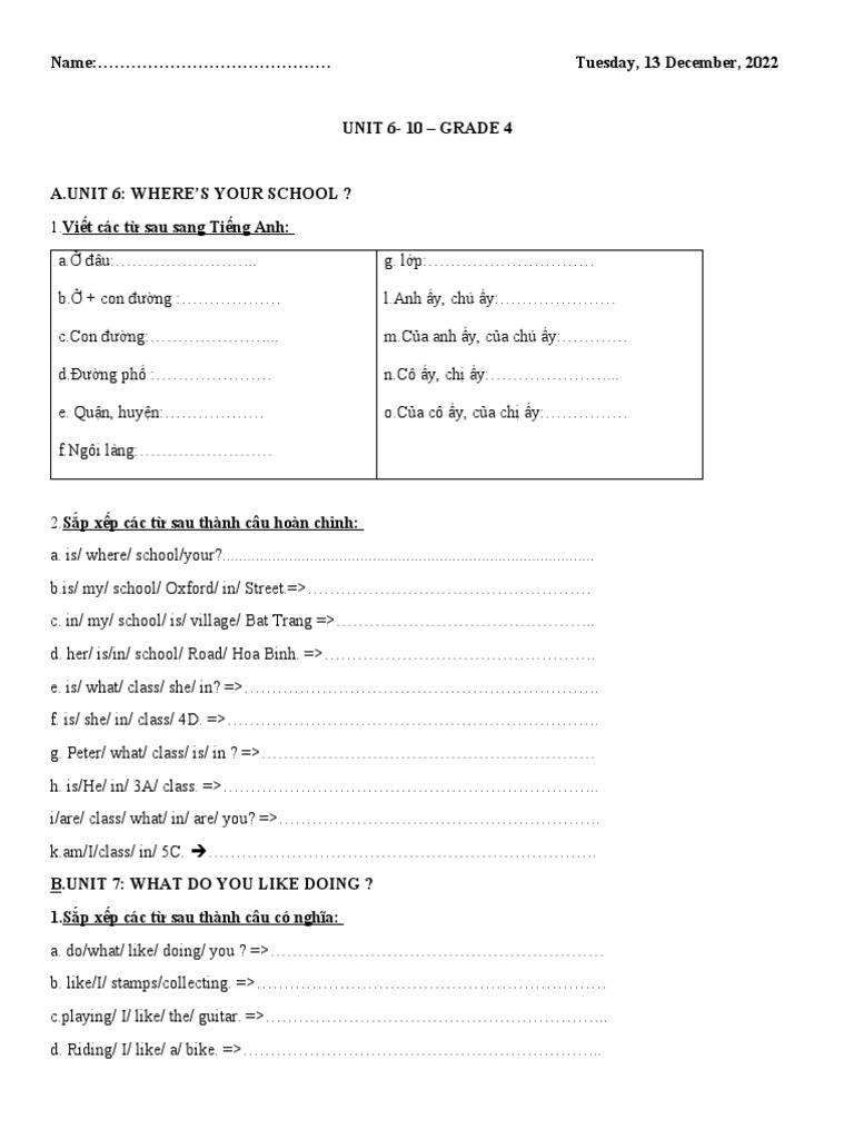 De On Thi Hoc Ki 1 Tieng Anh Lop 4 Tu Unit 6 Den Unit 10 | PDF