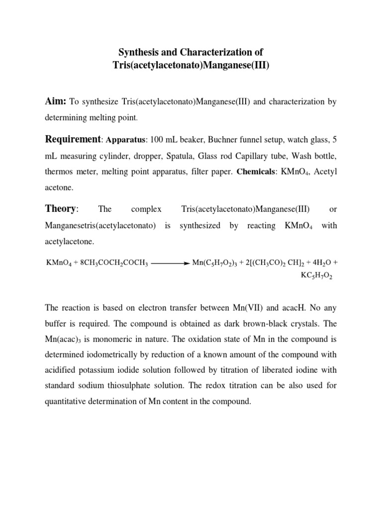 Synthesis and Characterization of Mn(acac)3 | PDF
