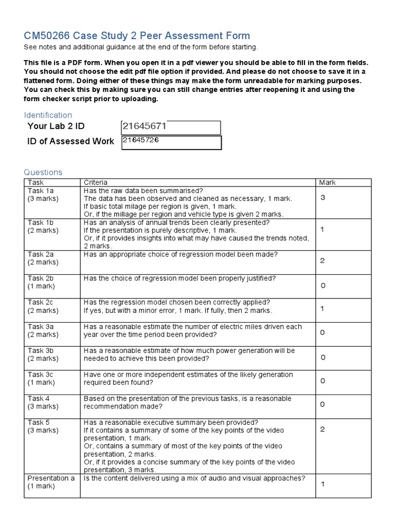 CM50266 Case Study 2 Peer Assessment Form: Your Lab 2 ID ID of Assessed Work | PDF | Regression ...
