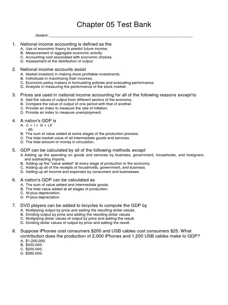Measuring Economic Activity: A Test Bank on Calculating GDP, GNP, and ...