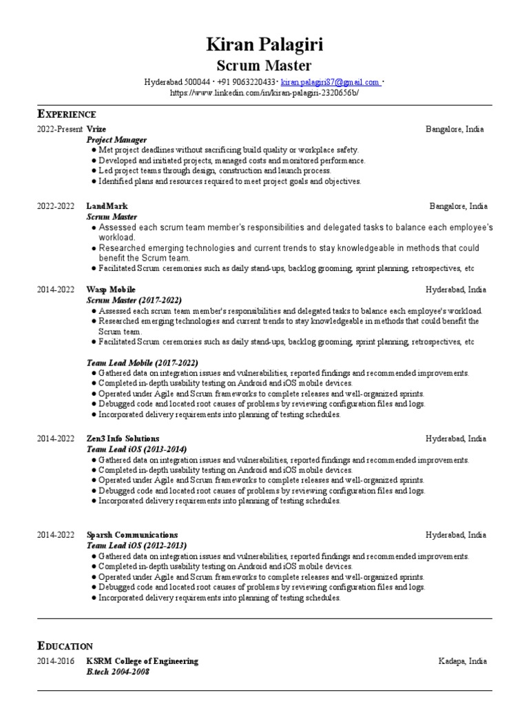 Kiran Resume Updated | PDF | Scrum (Software Development) | Agile Software Development