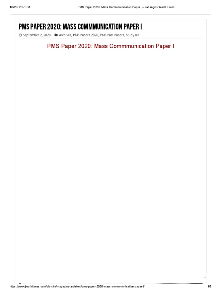 PMS Paper 2020_ Mass Commmunication Paper I – Jahangir's World Times | PDF