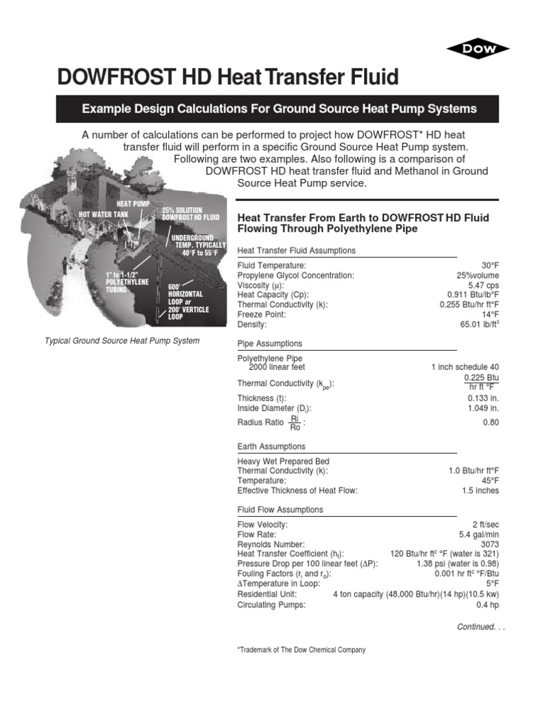 DOWFROST HD Heat Transfer Fluid: Example Design Calculations For Ground Source Heat Pump Systems ...