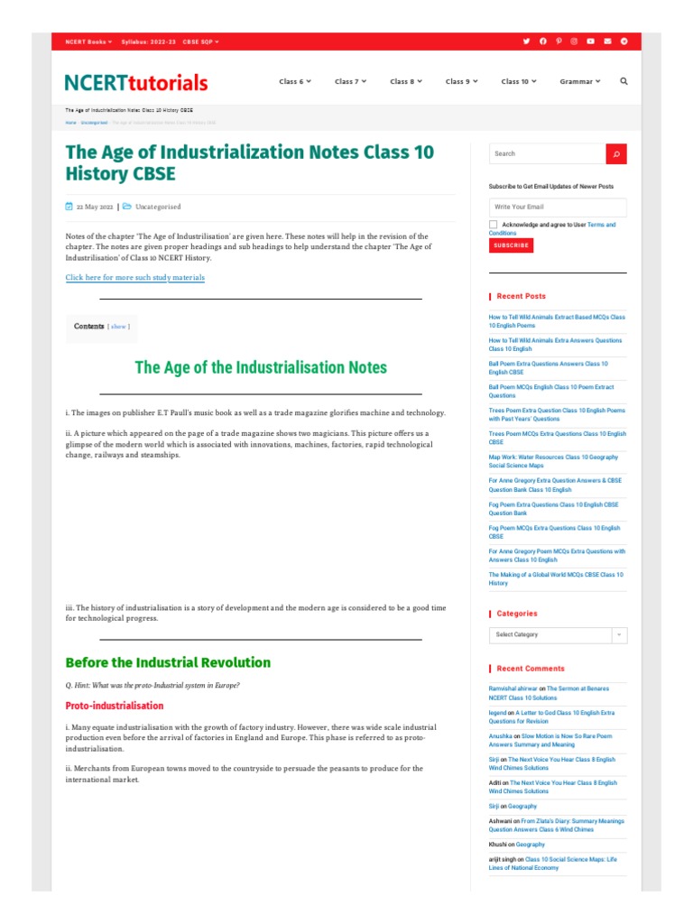Ncerttutorials Com The Age of Industrialization Notes Class 10 History ...