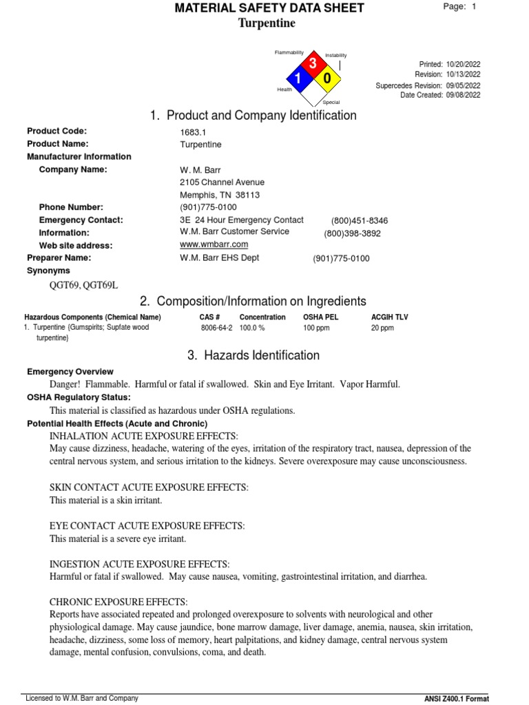 Turpentine Safety Data Sheet | PDF | Superfund | Personal Protective ...