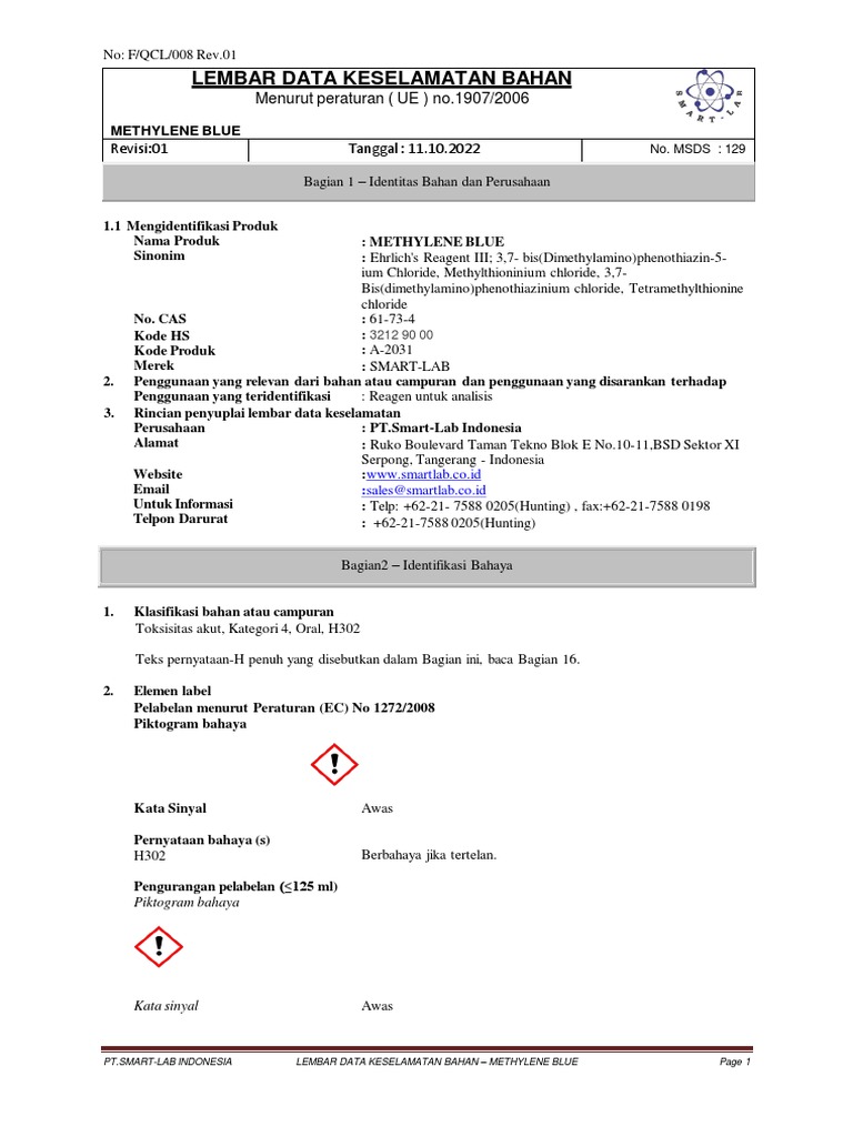 MSDS - Methylene - Blue - (C16h18cin3s) | PDF