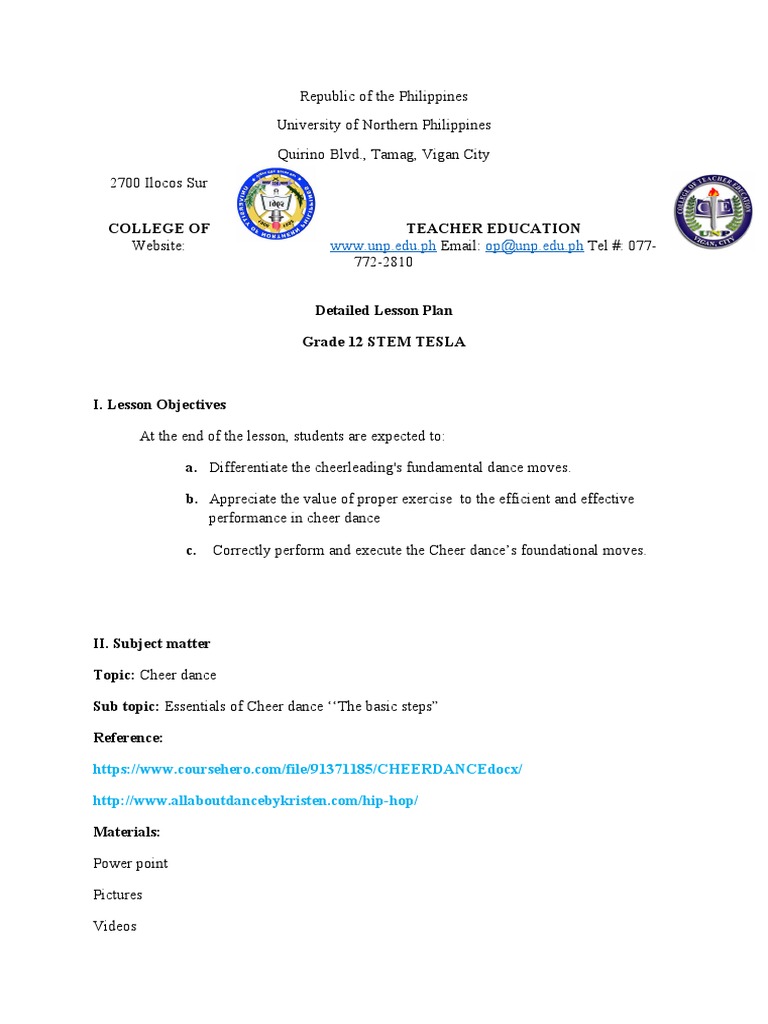 Detailed Lesson Plan on Teaching Fundamental Cheerdance Moves to Grade ...