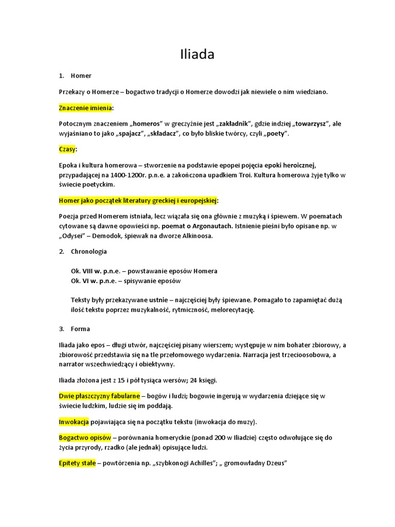 Iliada - Notatki | PDF