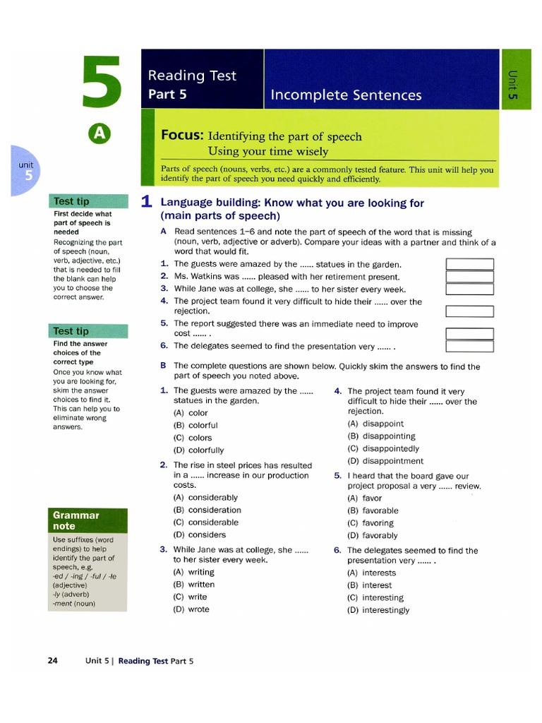 Page 1 Reading Test Part 5 Incomplete Sentences A | PDF