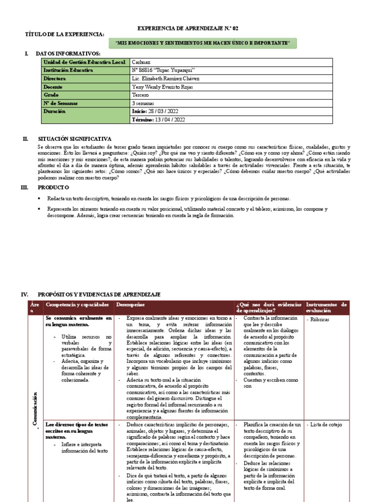 Experiencia de Aprendizaje - 3° - 02 | PDF | Evaluación | Aprendizaje