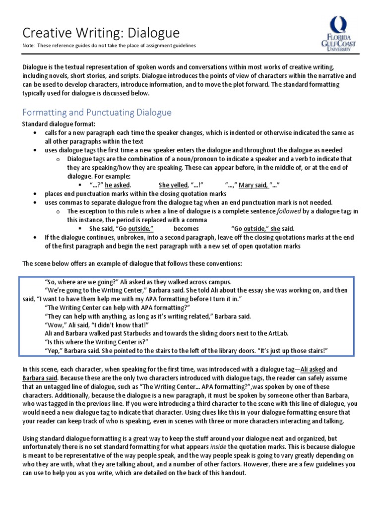 30 - FGCU - Creative - Writing - Dialogue (1) - 1 | PDF | Ellipsis | Comma