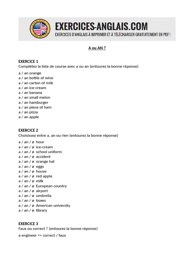 1 Exercice-Anglais-Debutant-A-Imprimer-A-Ou-An | PDF