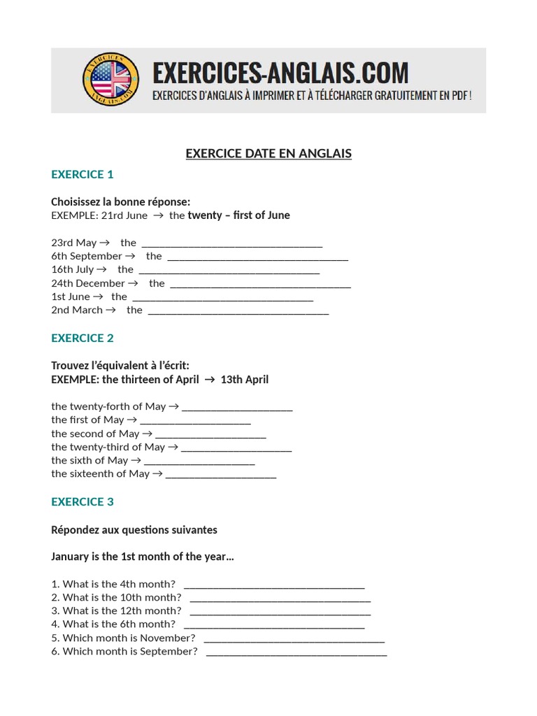 7 Exercice-Date-Anglais-A-Imprimer | PDF