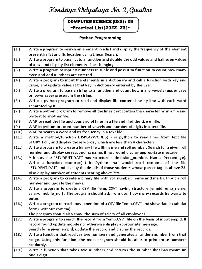 KVS No.2 XII-CS Practical List 2022-23 | PDF | Comma Separated Values | Computer File