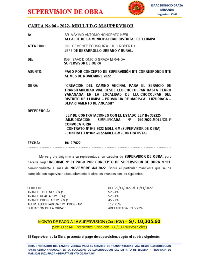 CARTA 6 - PAGO AL SUPERVISOR VAL 1a | PDF