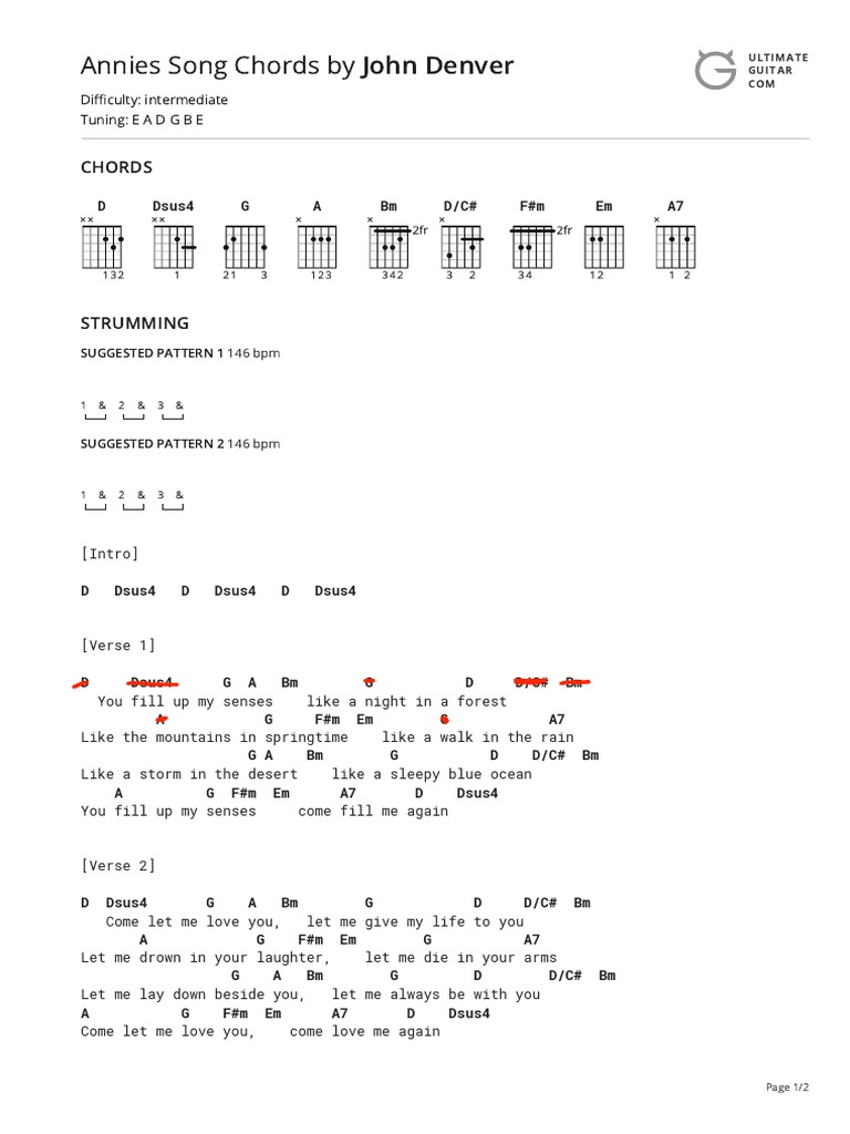 Annies Song Chords by John Denvertabs at Ultimate Guitar Archive | PDF ...