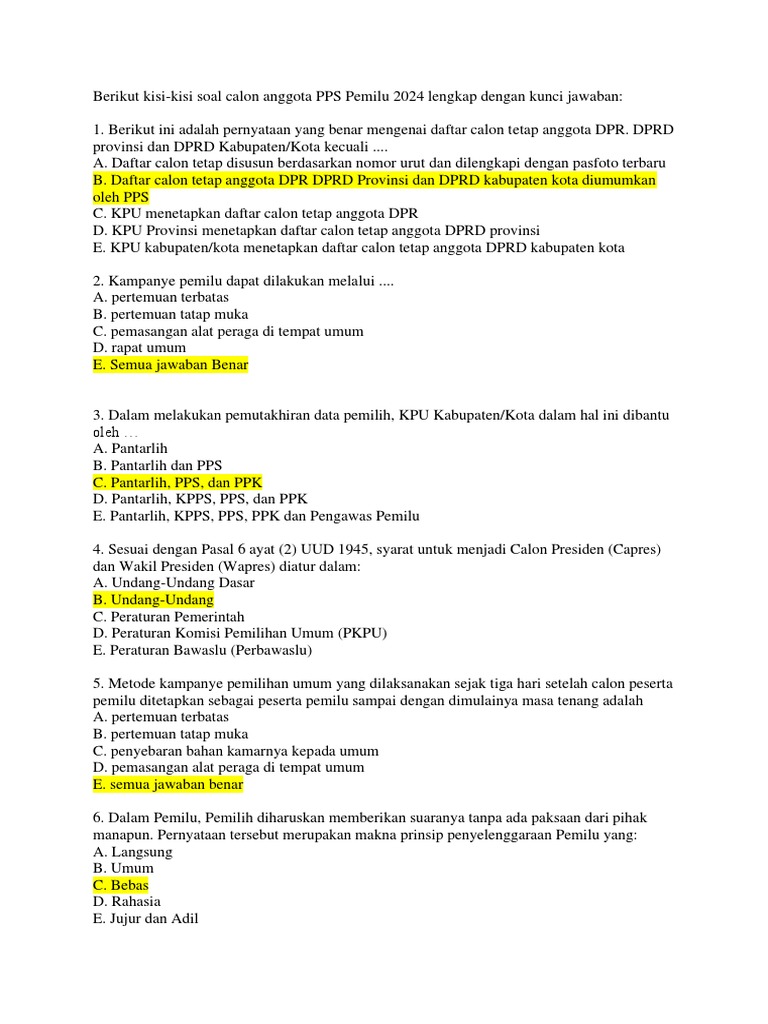 Kisi Kisi Soal Pps Pemilu 2024 Lengkap Kunci Jawaban Dan Jadwalnya | PDF