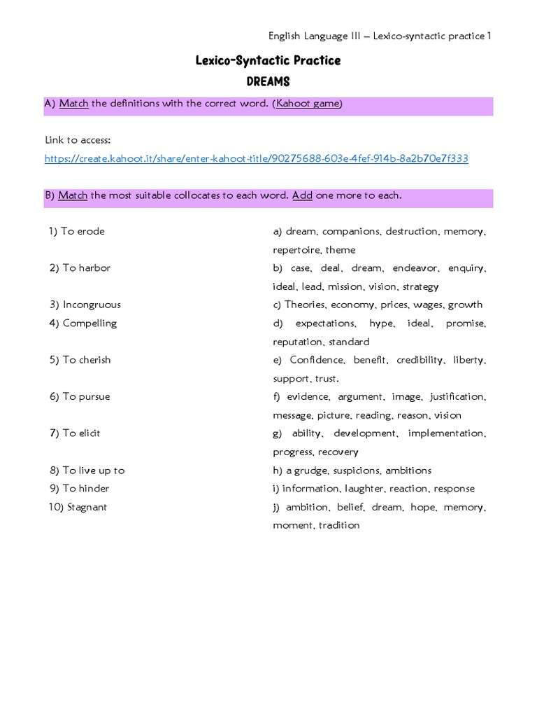 Lexico-Syntactic Practice - Week 12-09 - DREAMS | PDF | Dream | Psychology
