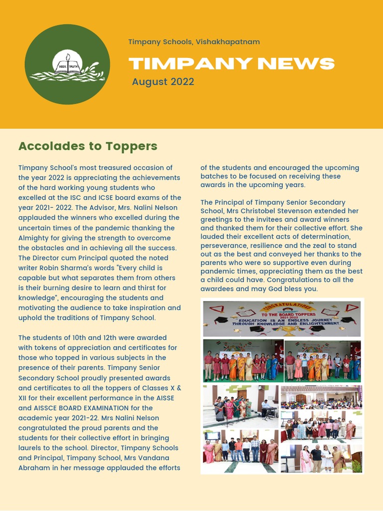 Timpany Schools NL - August 2022 | PDF | Career & Growth | Travel